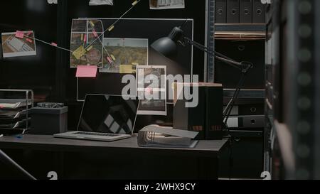 Empty incident room filled with clues and case files, evidence map with ...