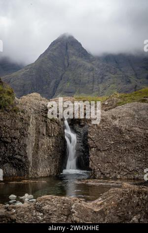 View of waterfalls and pools in the Fairy Pools, the Isle of Skye ...