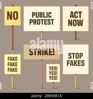 Colorful protest signs with slogan on wooden holder. Realistic vector ...