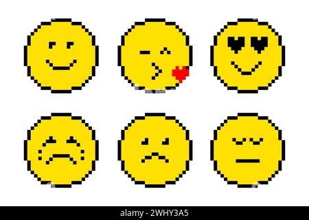 Cute pixel emoticons. Smile icons. Set of Emoji. Pixel art icons ...