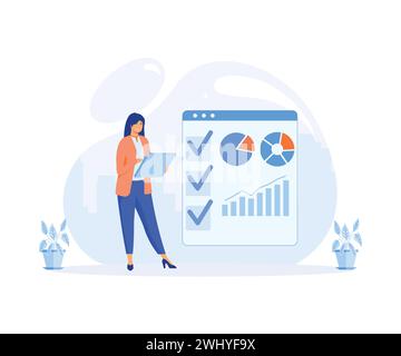 Woman analyzing digital Marketing and promotion charts. flat vector ...