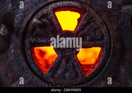 Radioactive symbol, Cast iron, Backlit, Glowing coals, Flame, Warning ...