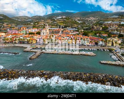 Aerial view of Riva Ligure on the Italian Riviera in the province of ...