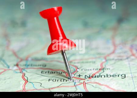 Fürth map. Close up of Furth map with red pin. Map with red pin point ...