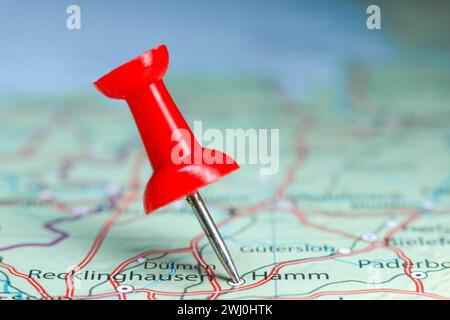 Hamm map. Close up of Hamm map with red pin. Map with red pin point of ...