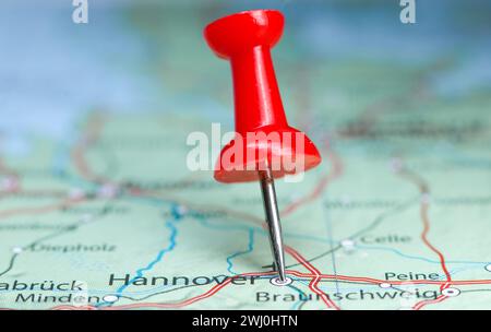 Hannover map. Close up of Hannover map with red pin. Map with red pin ...