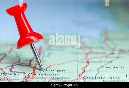 Lingen map. Close up of Lingen map with red pin. Map with red pin point ...