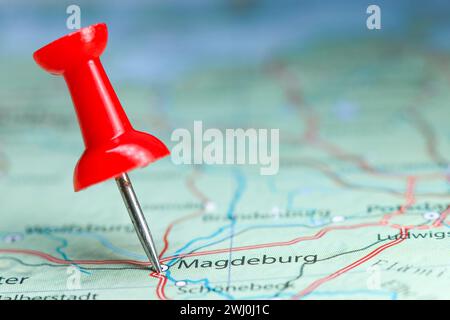 Magdeburg map. Close up of Magdeburg map with red pin. Map with red pin ...