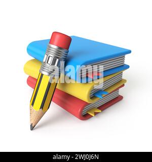 Three cartoon notebooks and pencil 3D rendering illustration isolated ...