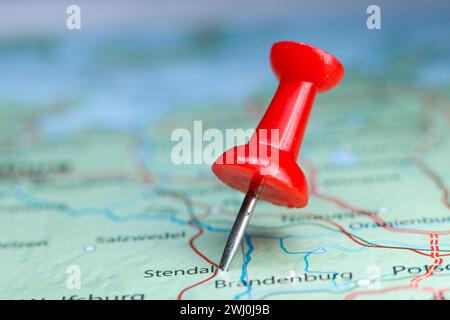 Stendal map. Close up of Stendal map with red pin. Map with red pin ...
