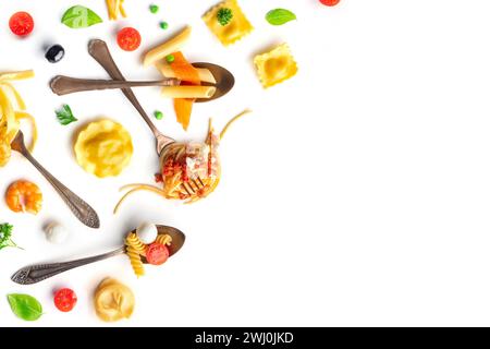 Various pasta forks panorama. Spaghetti, fusilli, penne and other ...