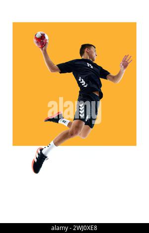 Dynamic image of young man, handball player in motion with ball against ...