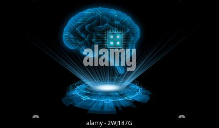 Human brain with chip inside with blue glow futuristic holographic Stock Photo - Alamy