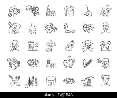 Allergy, symptoms and treatment line icons set vector illustration ...