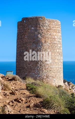 Mediterranean coastal landscape. Historic Torre Vigia De Cerro Gordo, a ...
