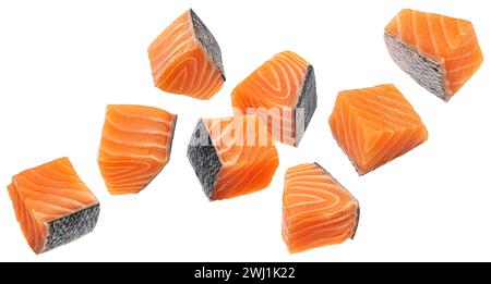 Salmon fillet cubes isolated on white background Stock Photo - Alamy