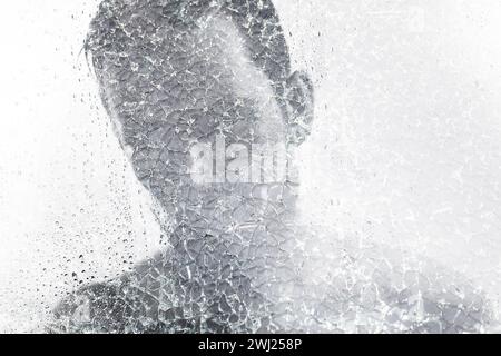 Man behind wet and cracked glass. Concepts of mental disorder or other ...