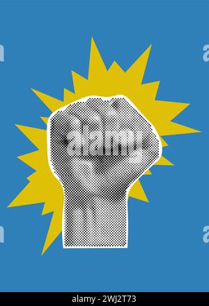 Protest concept. Halftone collage banner, raised fist on a blue ...