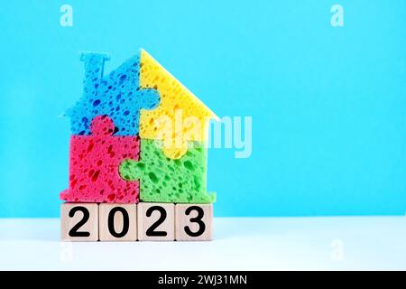 Wooden cubes, house, year . completion of housing construction concept ...