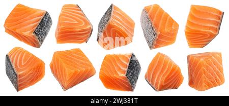 Salmon fillet cubes isolated on white background Stock Photo - Alamy