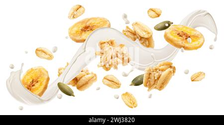 Falling granola with milk splash isolated on white background Stock ...