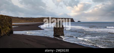 Picturesque autumn evening view to Reynisfjara ocean black volcanic ...