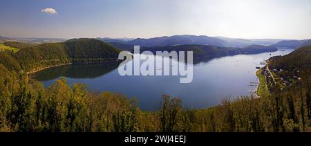 Elevated panoramic view of the Eder Dam looking into the Kellerwald ...