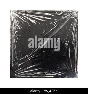 Layout of LP vinyl record on a cyan silk or saten fabric with yellow ...