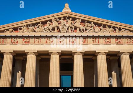 Full scale replica of Athena Parthenos statue holding statue of goddess Nike inside Parthenon in ...