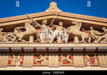 Full scale replica of Athena Parthenos statue holding statue of goddess Nike inside Parthenon in ...