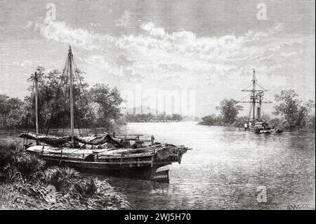 Fishing boats on the Thuong River. Tonkin, French Indochina. Vietnam ...