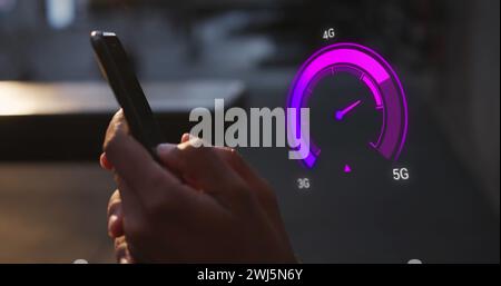 Image of purple speedometer over hands of caucasian businessman using ...