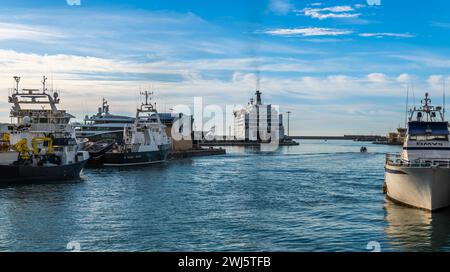 Trawlers and ferry, from the victory bridge in Sète, Occitanie, France ...