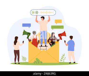 Voice messages concept. Tiny people use microphone to record message ...