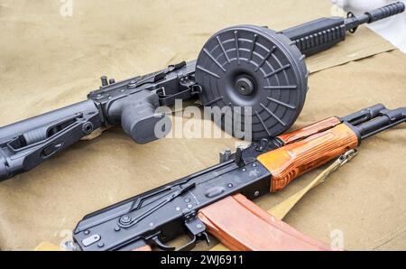 Russian Kalashnikov assault rifle with a drum magazine, AK-74 assault ...