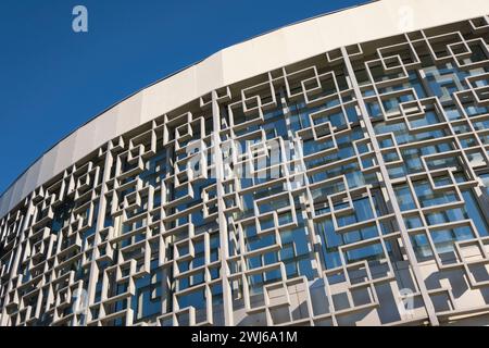 Exterior view of the circular, round Soviet era Socialist, Modernist ...