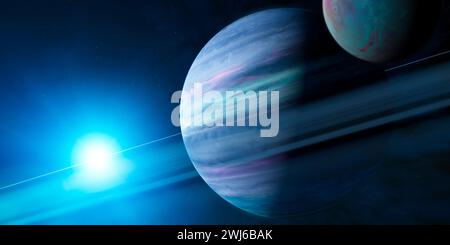 Saturn rings and moons, exoplanet with rings, space and universe. Sci ...
