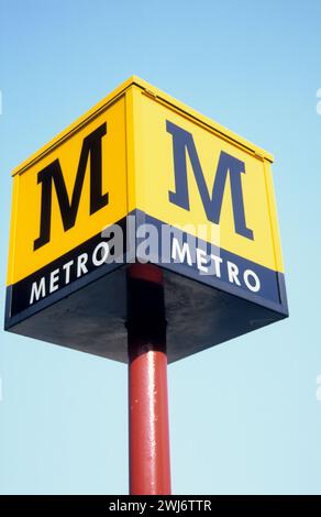 Newcastle upon tyne metro sign yellow against blue sky tyneside england ...