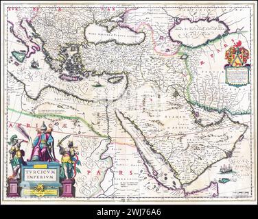 Old coloured map of the Ottoman Empire, Turkey Willem and Johannes Joan Blaeu, 1635 *** Old ...
