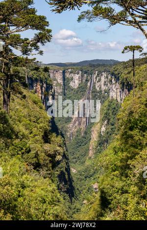 Waterfall, forest and cliffs in Itaimbezinho Canyon, Cambara do Sul ...