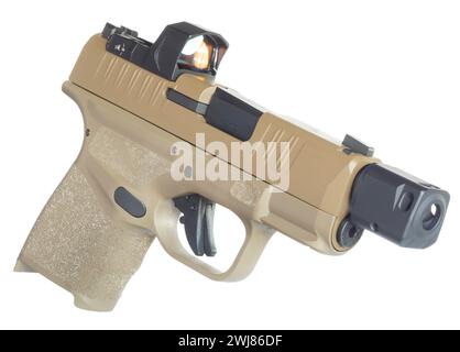 Modern 9 mm pistol with a muzzle brake, close-up photo Stock Photo - Alamy