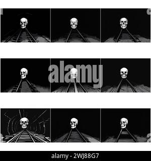 Skull on a black background, railroad tracks leading into the distance ...