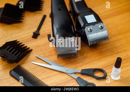 Hairdresser tool of work. Hair clipper machines, comb, scissors Stock ...
