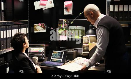 Experienced law officer in an evidence room studying case files and ...