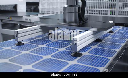 POV of robotic arms moving solar panels on conveyor belts during high ...