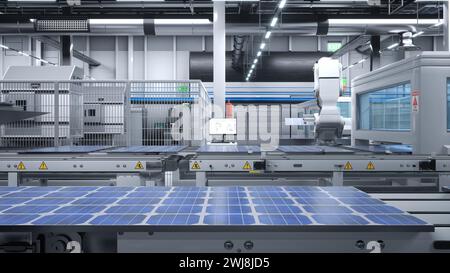 Solar panel factory with robotic arms placing PV modules on automation ...