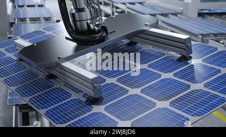 POV of robotic arms moving solar panels on conveyor belts during high ...