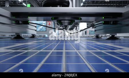 POV of robotic arms moving solar panels on conveyor belts during high ...