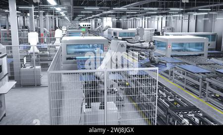 Industrial robot arms placing solar panels on large production lines in ...