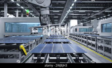 Industrial solar panel warehouse with robot arms placing photovoltaic ...
